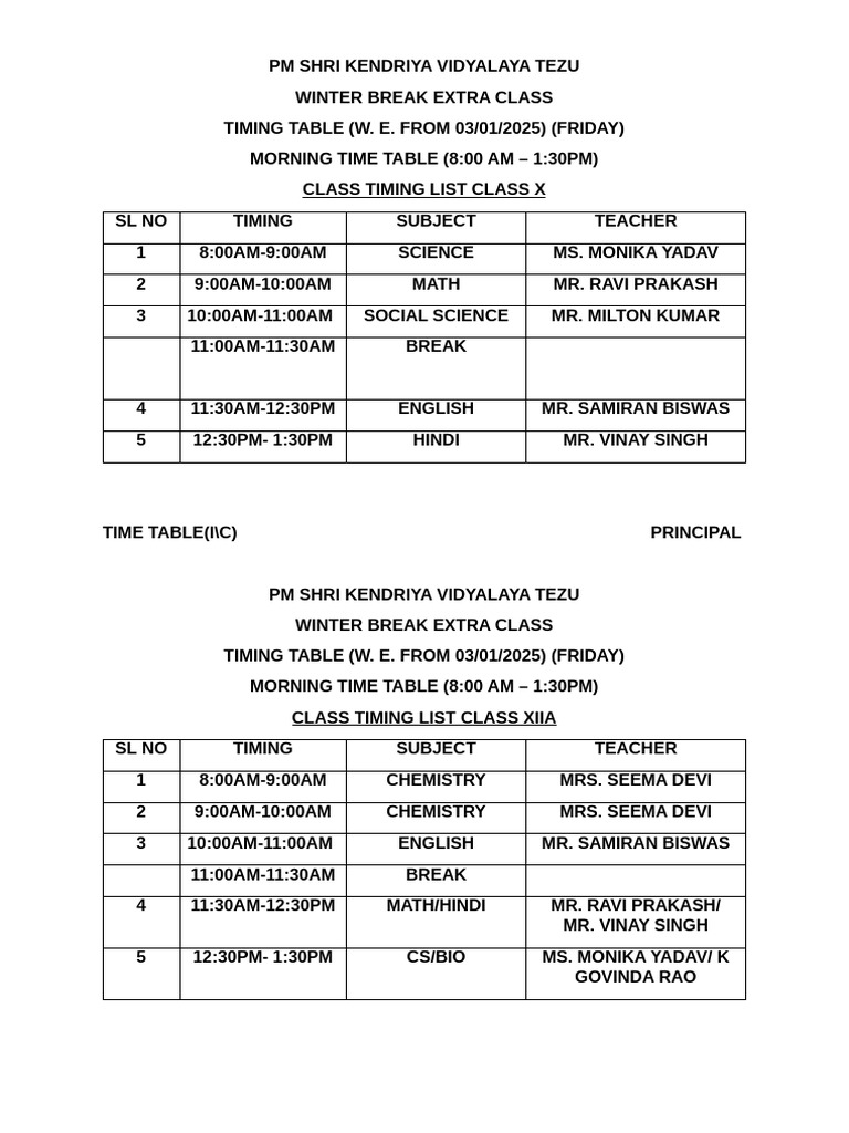 WINTER BREAK TIME TABLE FOR CLASS X & XII | PDF