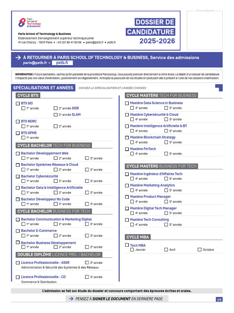Dossier de candidature PSTB 2025-2026 | PDF