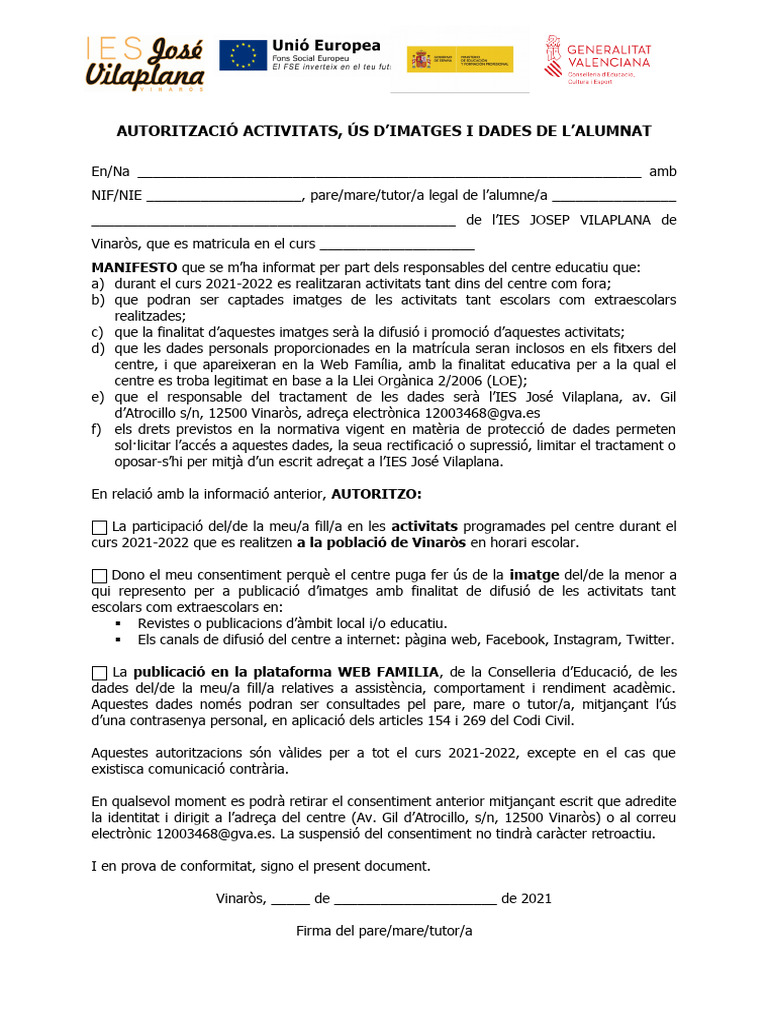 Autorització imatge i sortides Vinaròs (1) | PDF