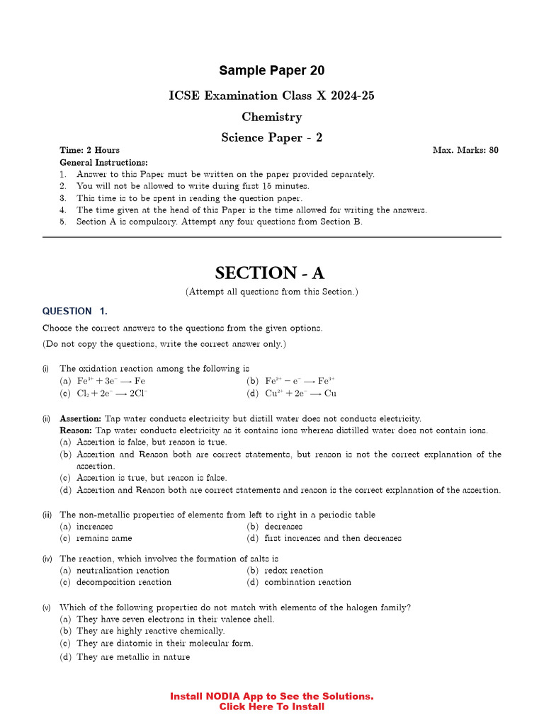 Chemistry ICSE class 10 sample paper | PDF | Hydroxide | Chemical Reactions