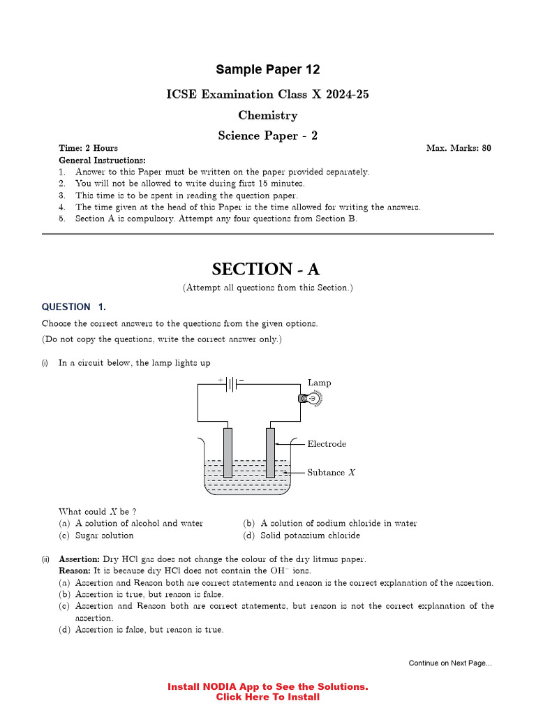 ICSE Class 10 Chemistry Sample Paper | PDF | Oxide | Chemical Substances