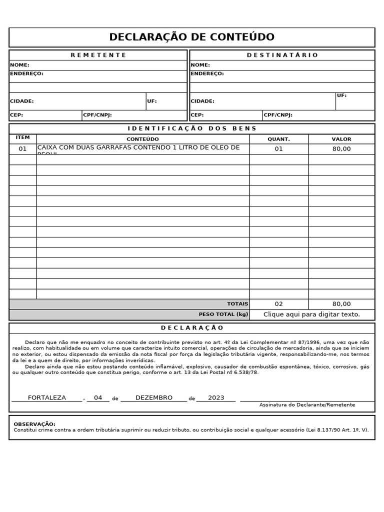 Formulario Declaracao de Conteudo - A4 | PDF