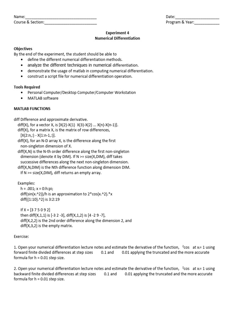 Experiment 4 - Numerical Differentiation | PDF | Derivative | Matlab