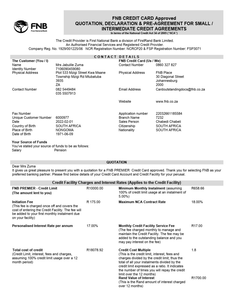 FNB Premier Credit Card Approval Details | PDF | Credit Card | Interest