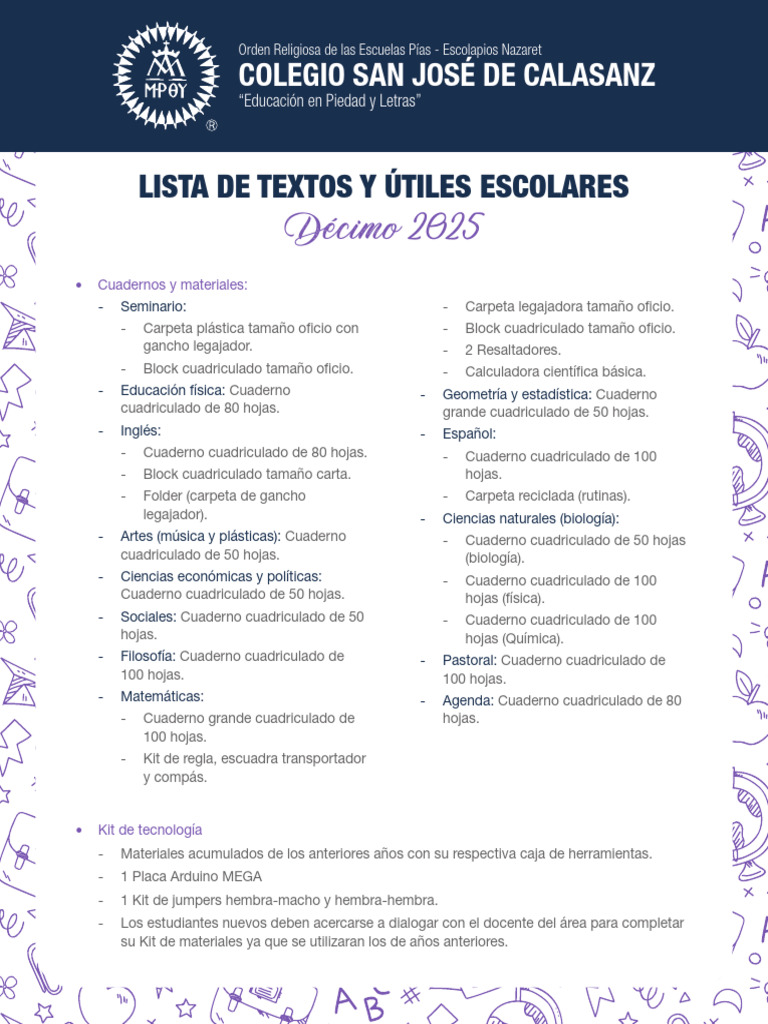 Lista de Útiles Décimo 2025 | PDF | Cuaderno | Publicación