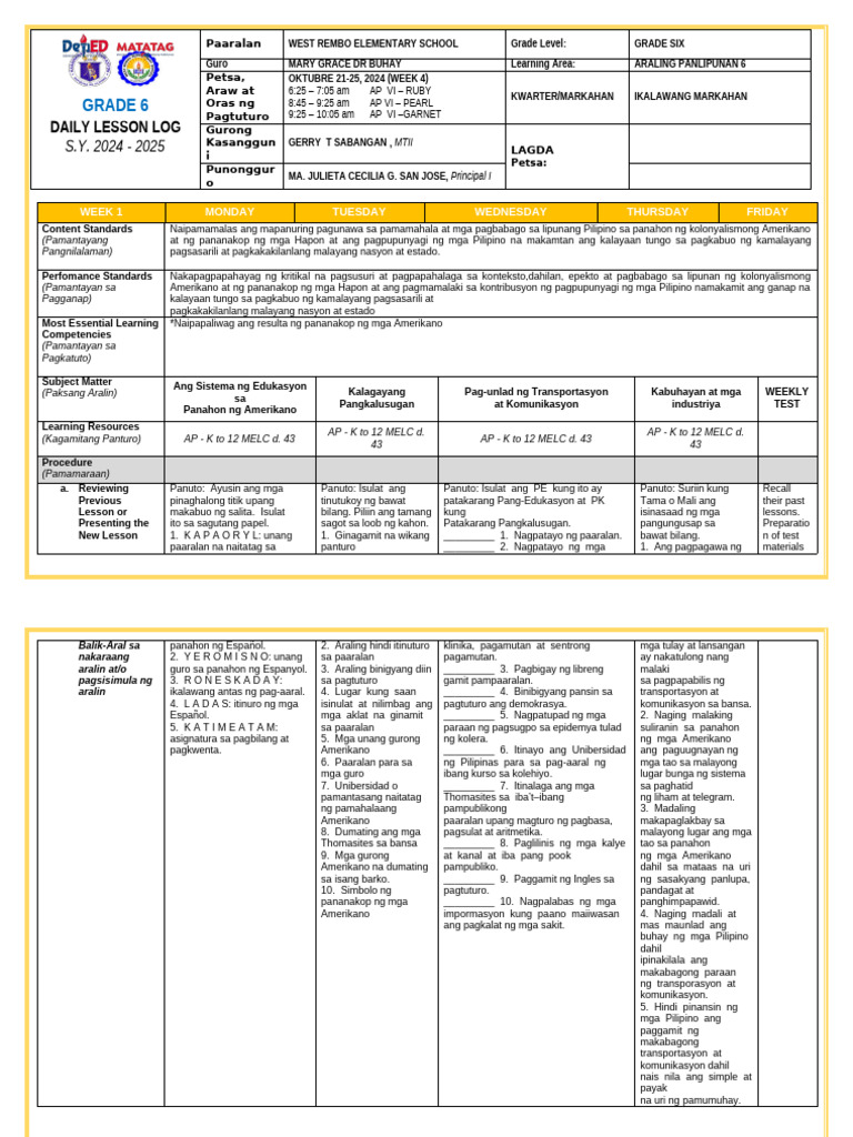 DLL AP 6 WEEK 4_Q2 | PDF