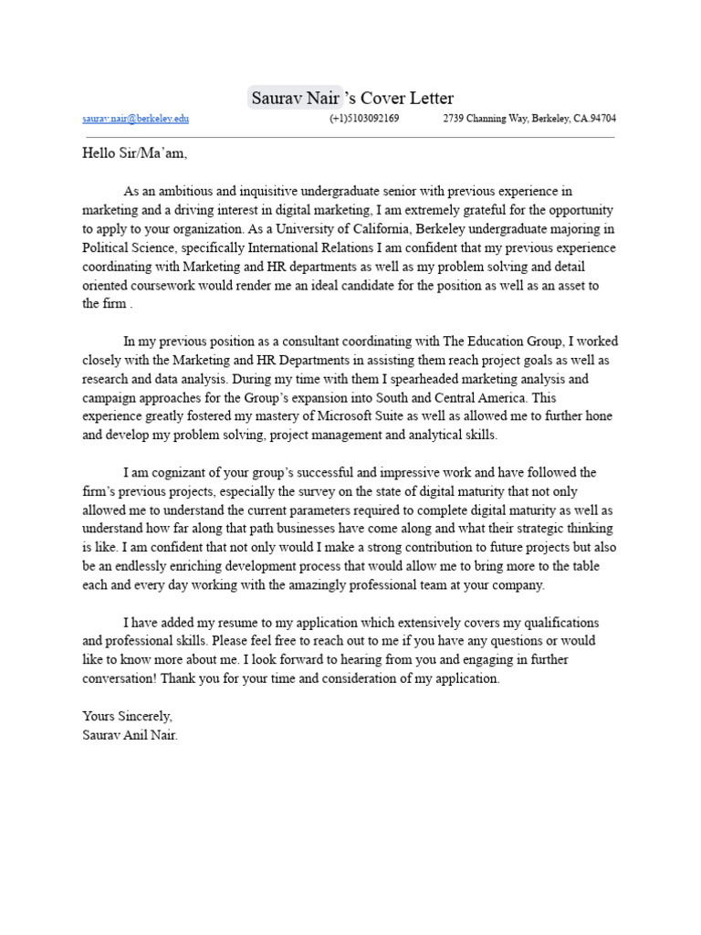 Saurav Nair's Cover Letter | PDF