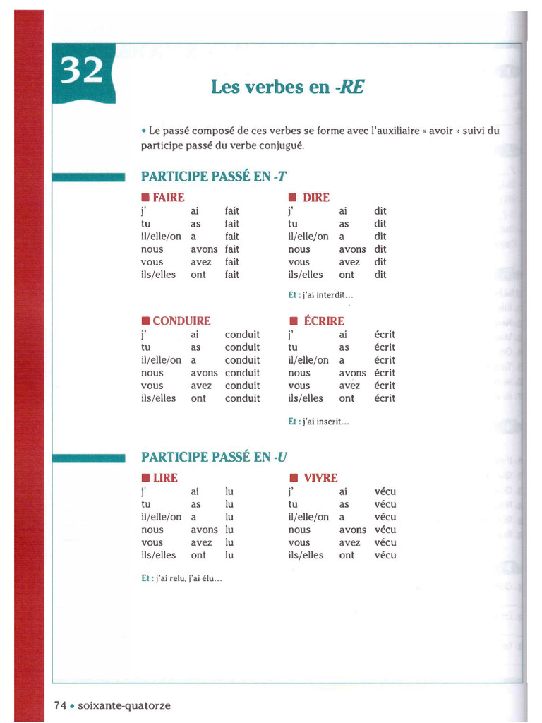 Passé composé les verbes en -RE, conduire, écrire, faire, dire 76, 77 | PDF