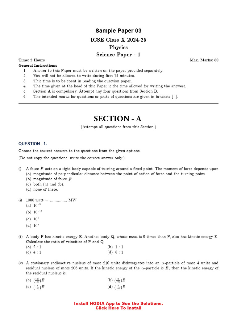 Physics ICSE Class 10 Sample Paper | PDF | Force | Electrical ...