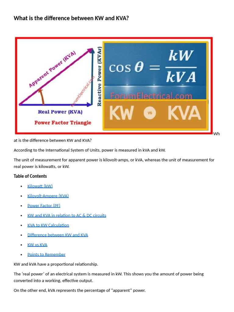 What Is The Difference Between KW and KVA | PDF | Watt | Power (Physics)
