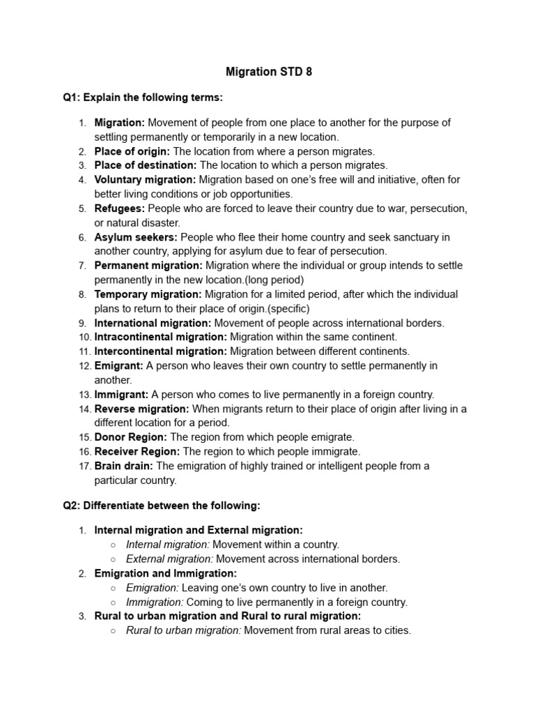 Solved Worksheet For Migration STD 8 | PDF | Human Migration | Cost Of Living