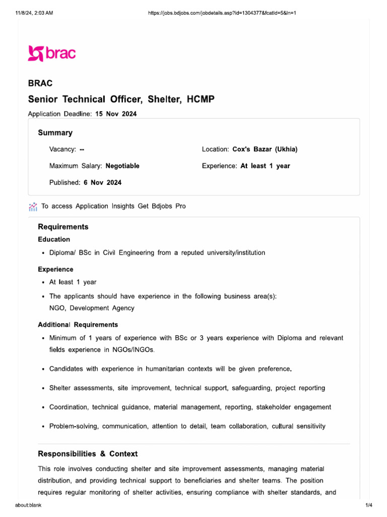 BRAC Senior Technical Officer, Shelter, HCMP - 18k | PDF