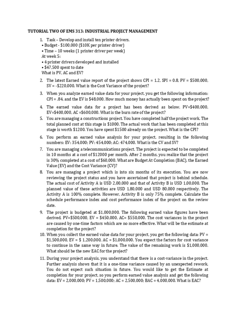 Industrial Project Management - Tutorial 2 (Earned Value Analysis) | PDF | Business | Analysis