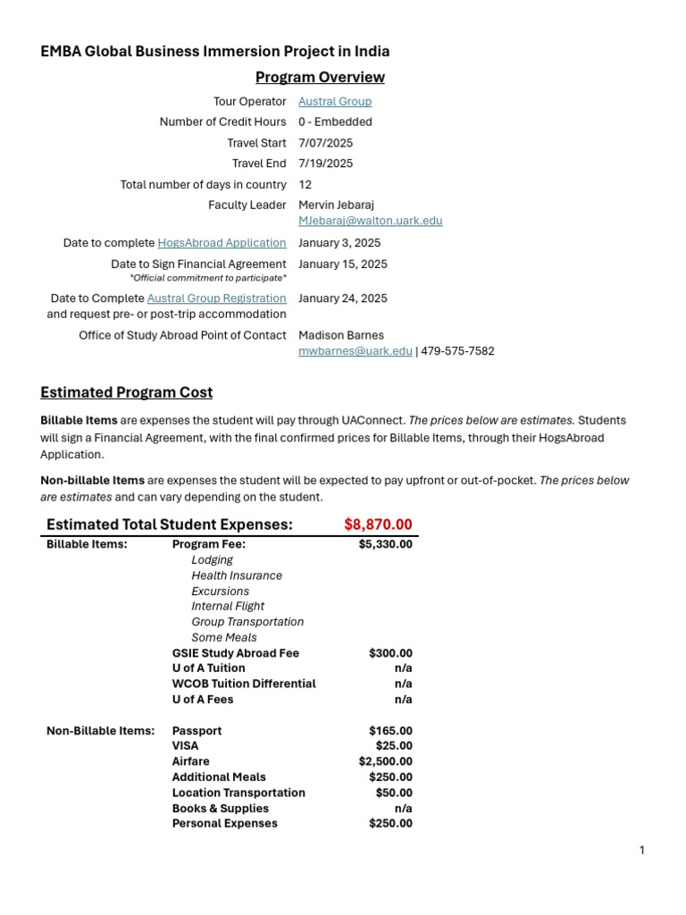 1256 India EMBA - Estimated Cost & Sample Itinerary | PDF | Hotel