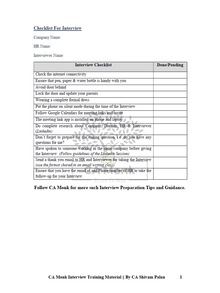 Checklist For Interview | PDF