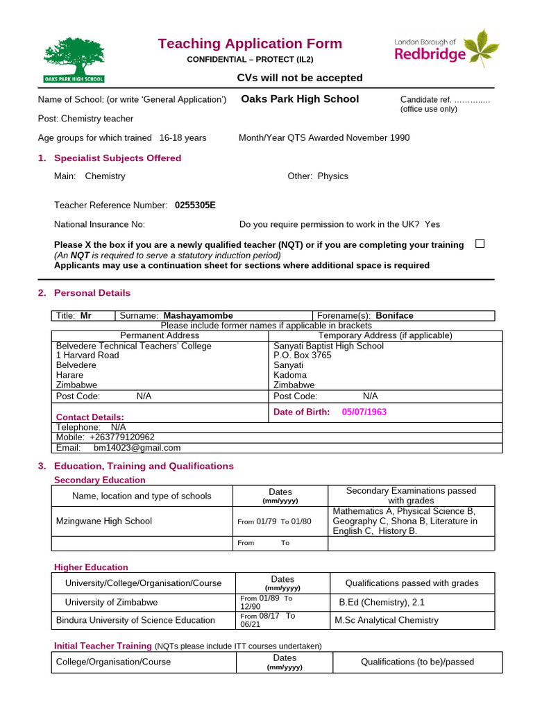 Teaching, Schools Safer Recruitment Application Form | PDF | Disability
