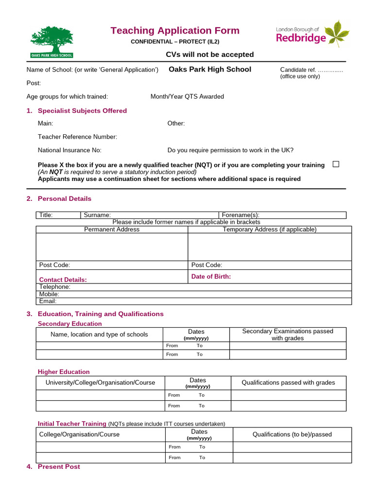 Teaching, Schools Safer Recruitment Application Form | PDF | Disability
