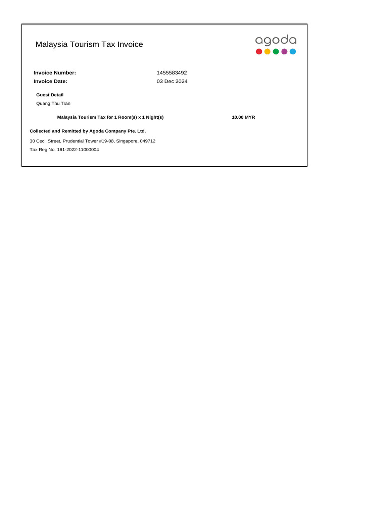 Malaysian Tourism Tax Receipt For Booking ID # 1455583492 | PDF