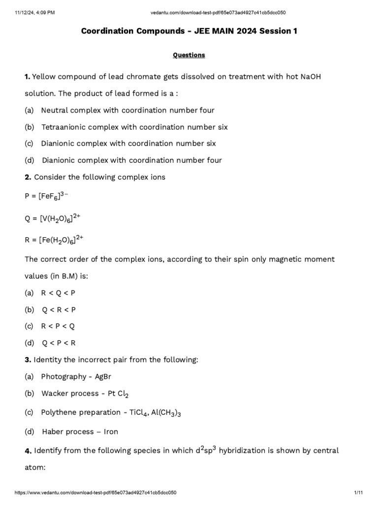 Coordination Compounds - JEE MAIN 2024 Session 1 PYQs | PDF | Ion | Condensed Matter Physics