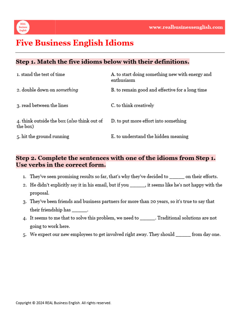 WORKSHEET American Business English Idioms Part 2 | PDF