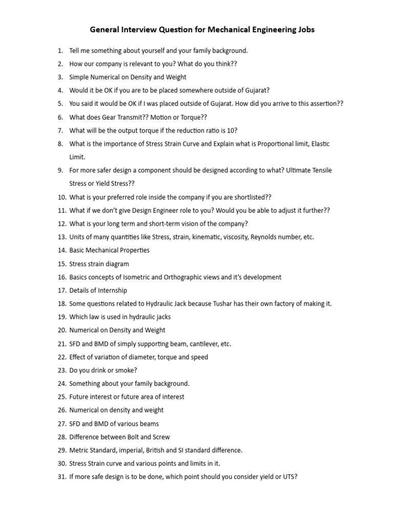Mechanical Engineering Interview Questions | PDF | Stress (Mechanics ...