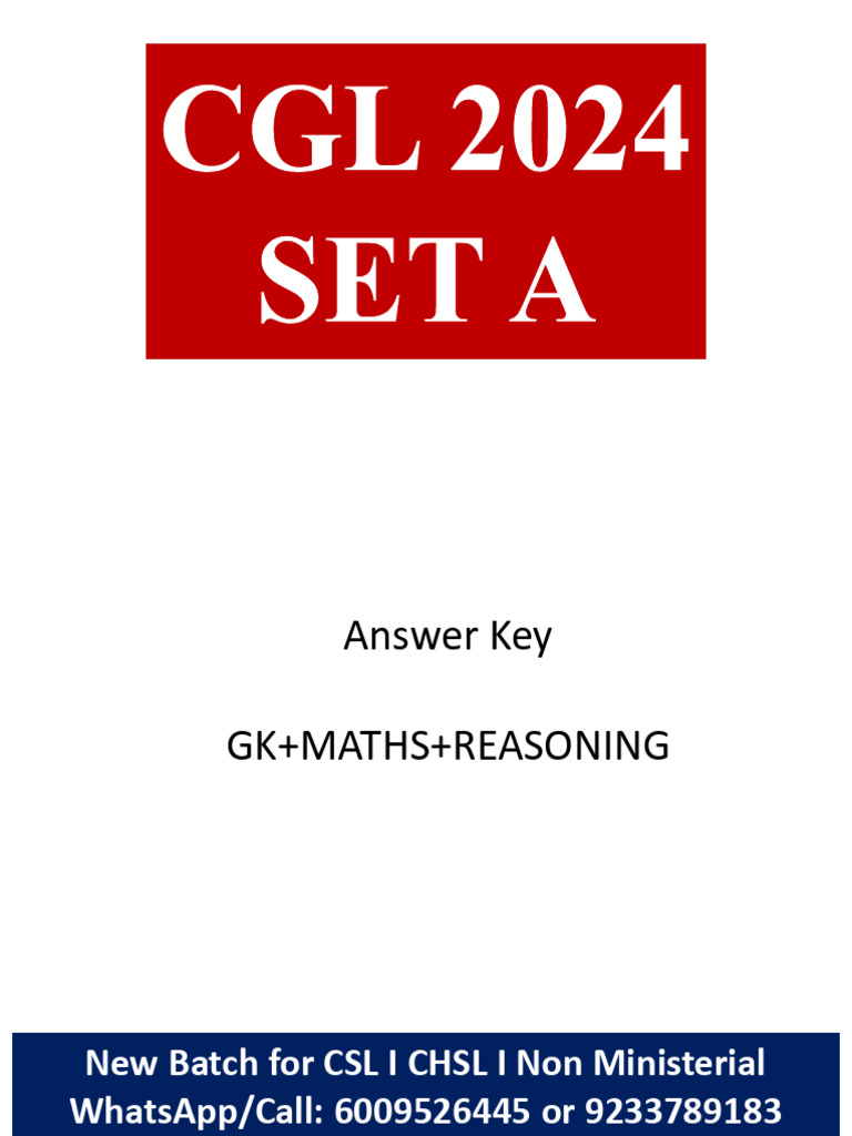CGL 2024 Set A (Gk+maths+reasoning) Answer Key | PDF