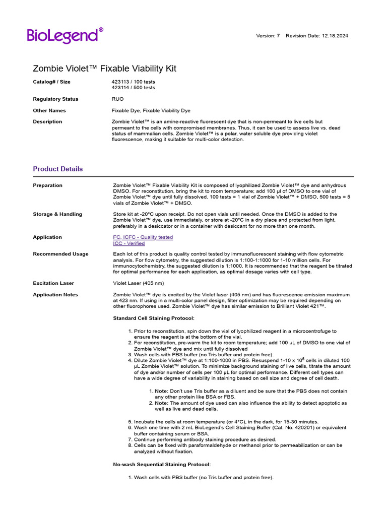 Zombie Violet™ Viability Kit Overview | PDF | Staining | Flow Cytometry