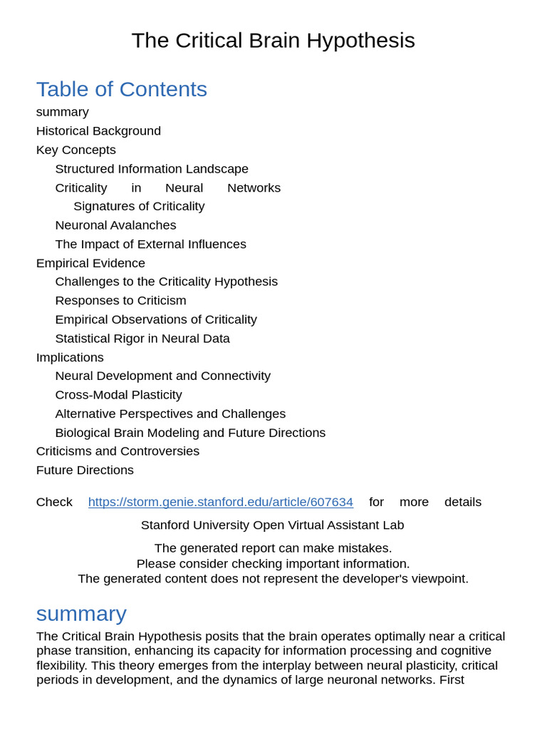 Understanding the Critical Brain Hypothesis | PDF | Neuroplasticity | Brain