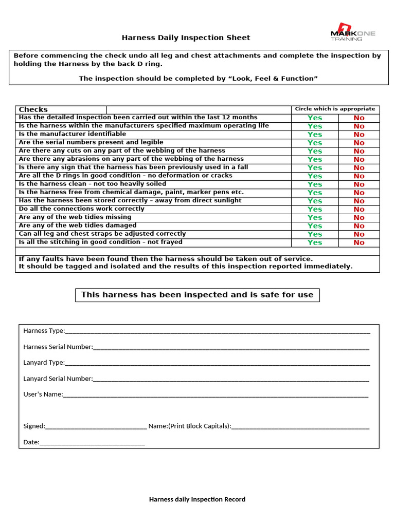 Harness Daily Inspection Sheet | PDF