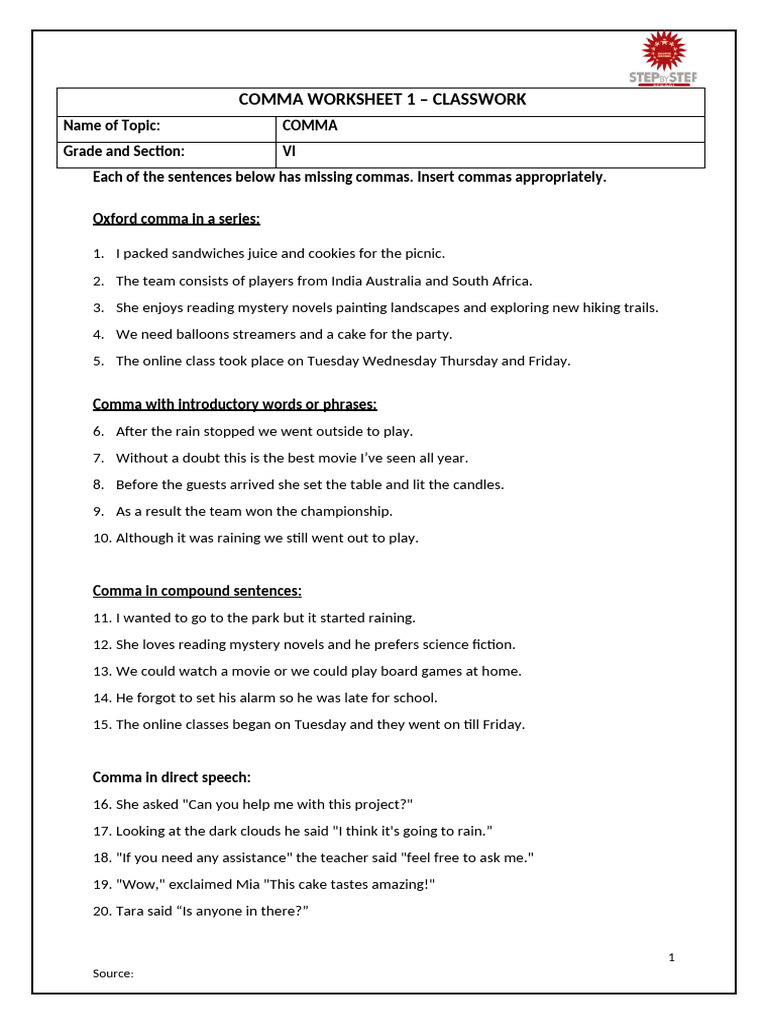 Worksheet On Commas For Grade 6 | PDF