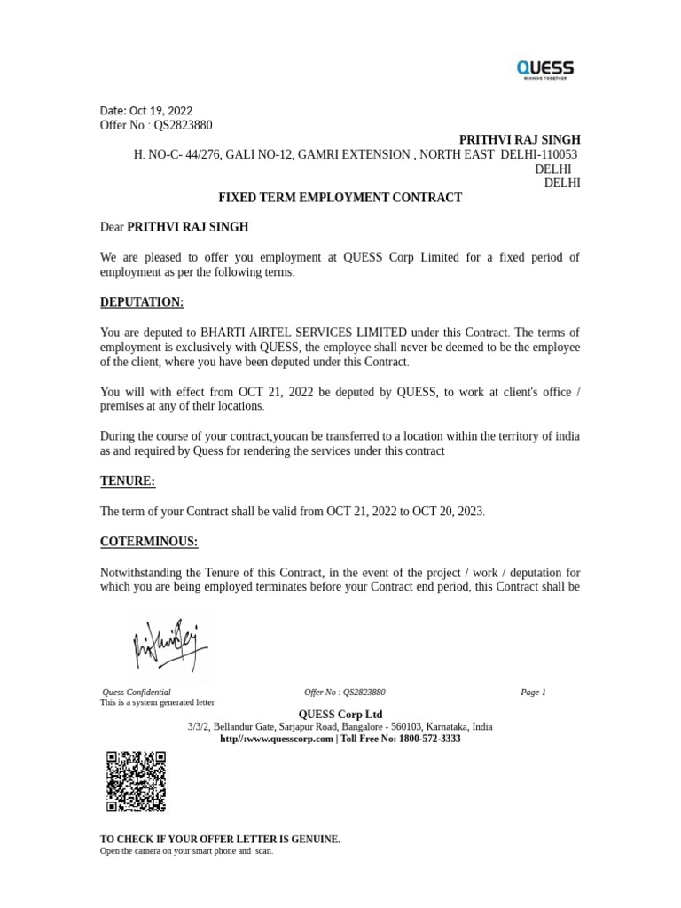 Quess Employment Offer Letter Details | PDF | Employment | Private Law