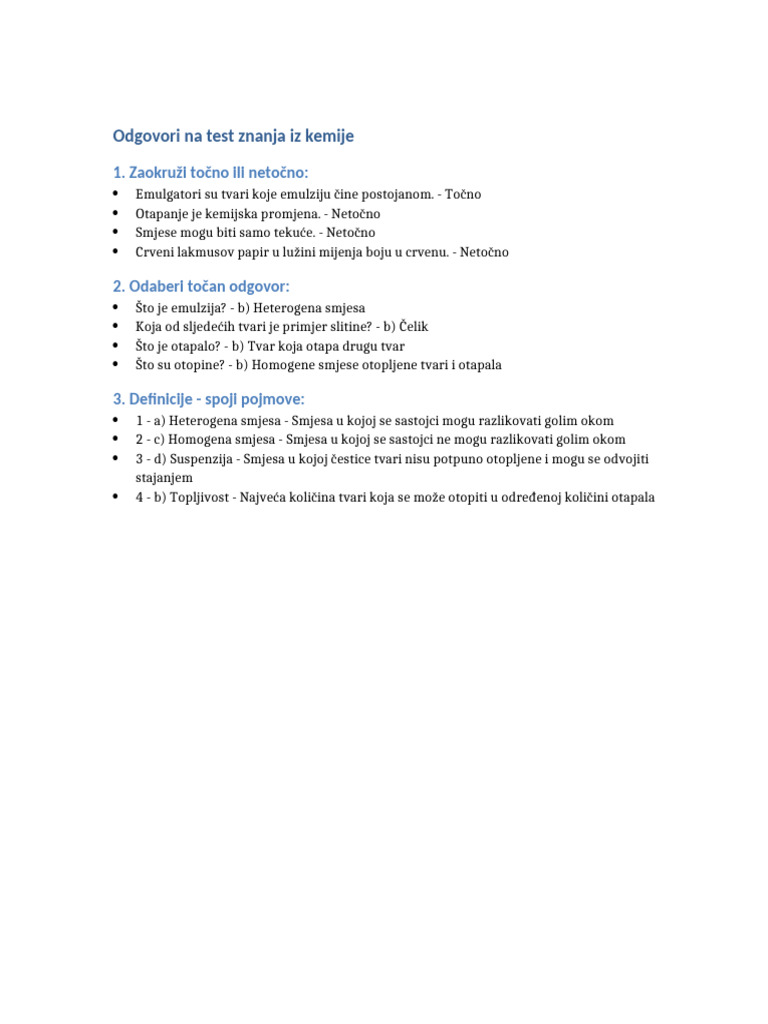 Odgovori Test Znanja Iz Kemije | PDF