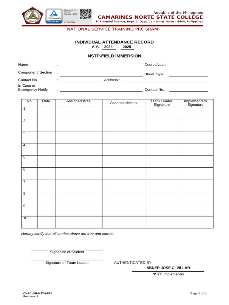 CNSC OP NST 01F3 Individual Attendance Record Rev. 1 | PDF