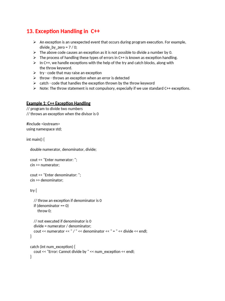 EXP-13 Exception Handling | PDF | C++ | Namespace