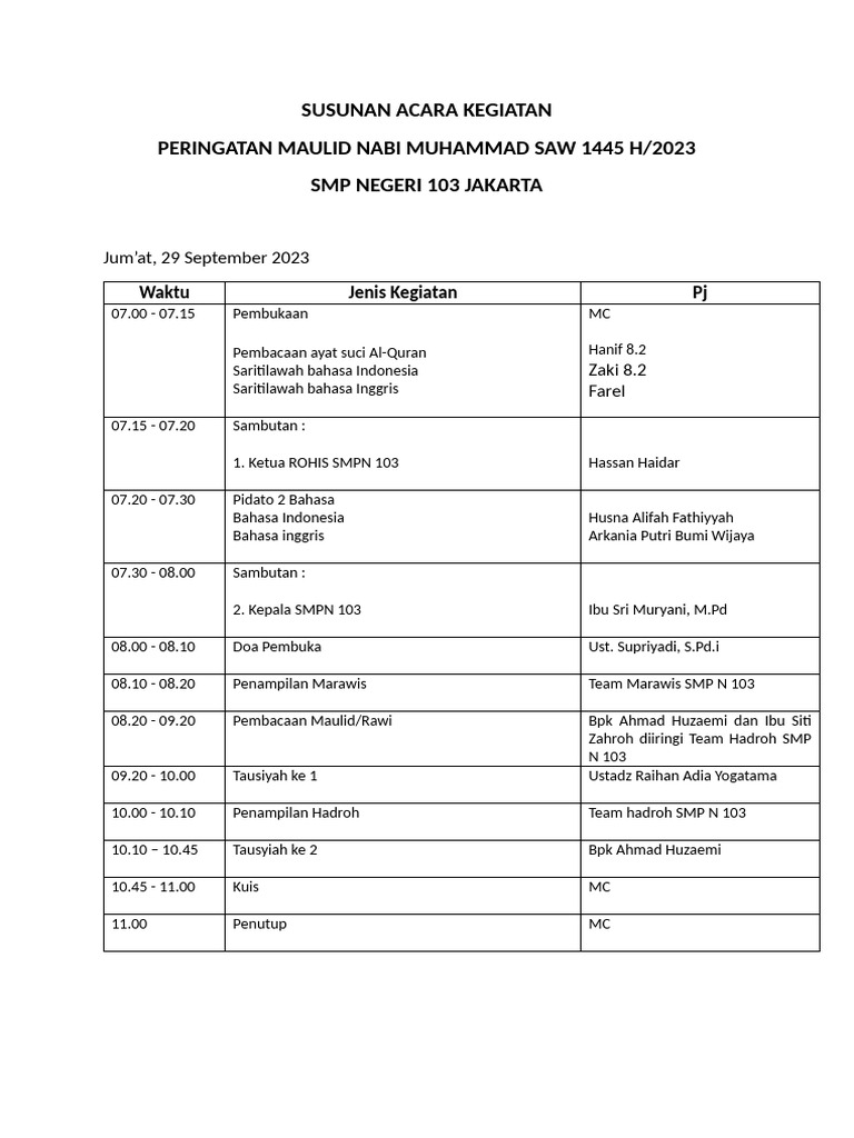 Susunan Acara Kegiatan Maulid Nabi 2023. | PDF