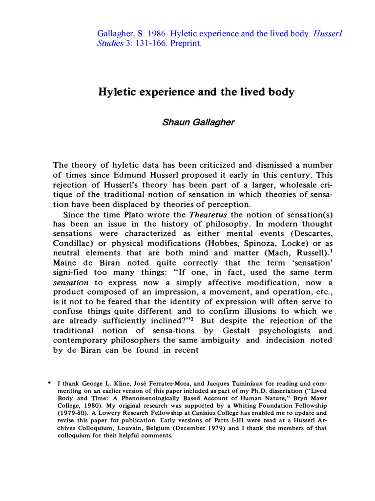 Shaun Gallagher - 1986 - Hyletic Experience and The Lived Body | PDF ...