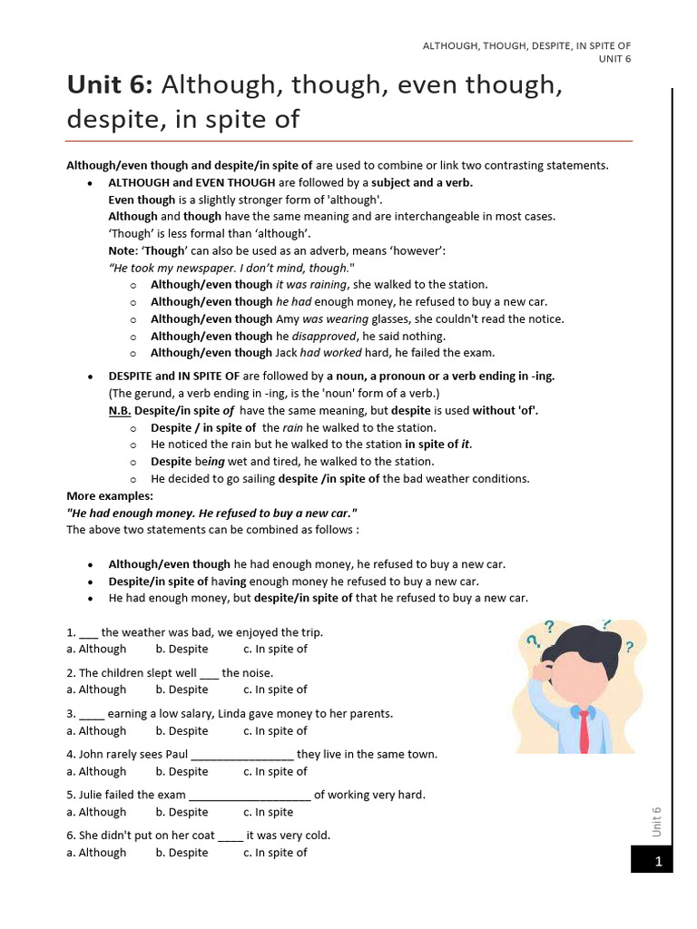 Despite, in Spite Of, Although, Though | PDF | Verb | Semantic Units