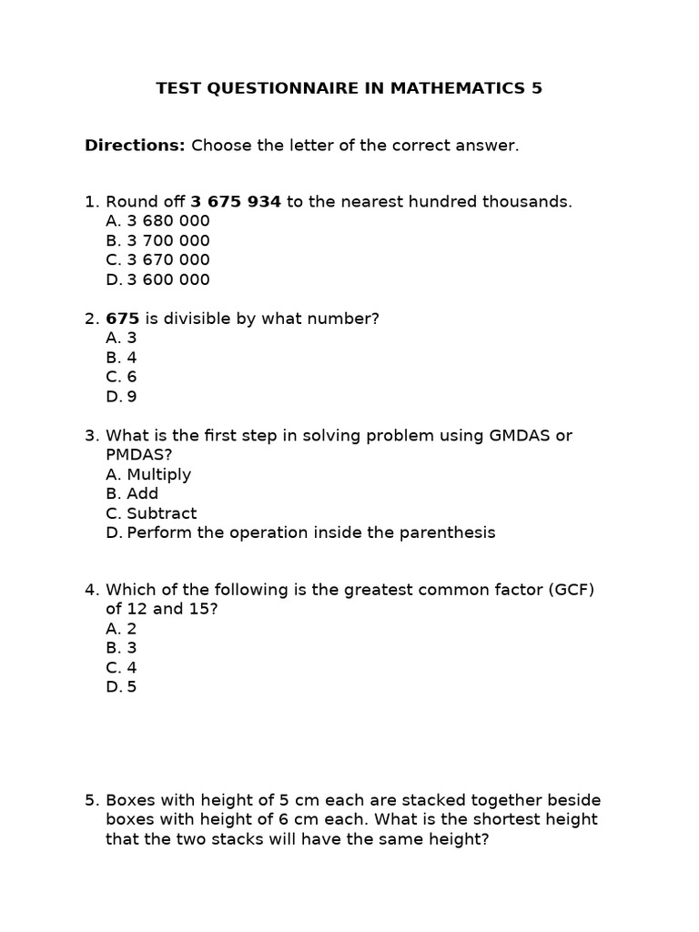 Mathematics Test Questionnaire 5 | PDF | Mathematics | Arithmetic