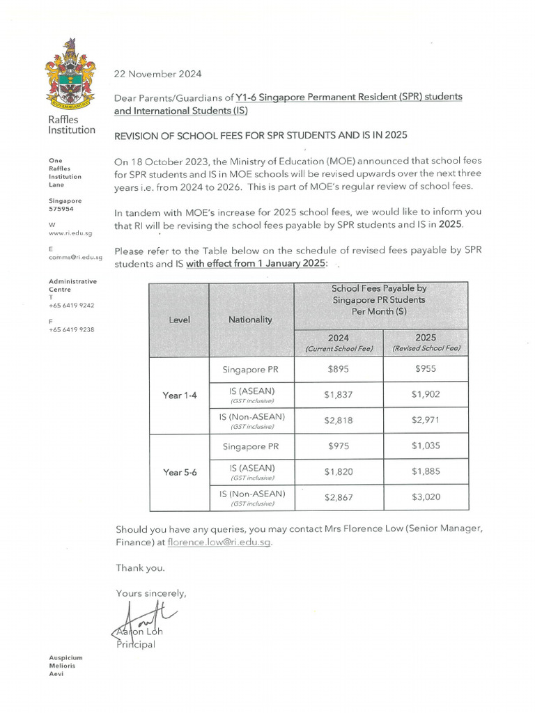 Revision of School Fees 2025 For SPR and IS | PDF