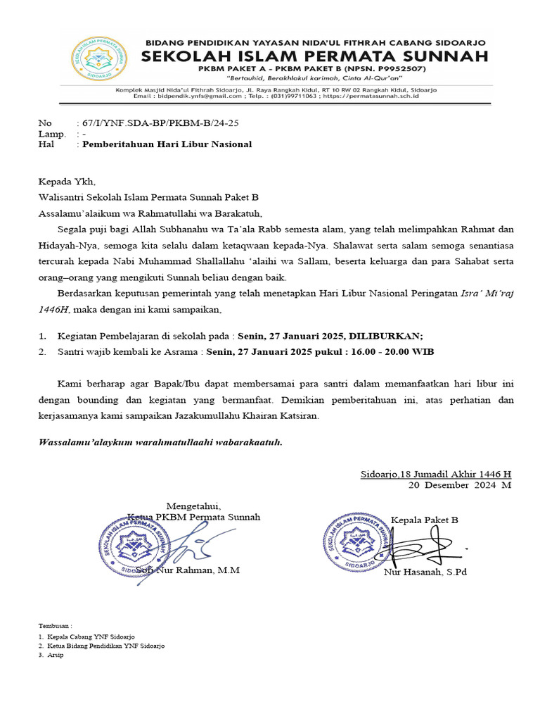 67 Surat Pemberitahuan Hari Libur Nasional | PDF
