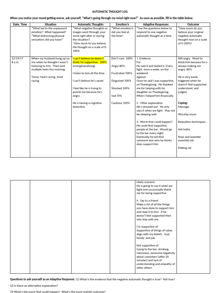 Automatic Thought Log Example | PDF | Thought | Emotions