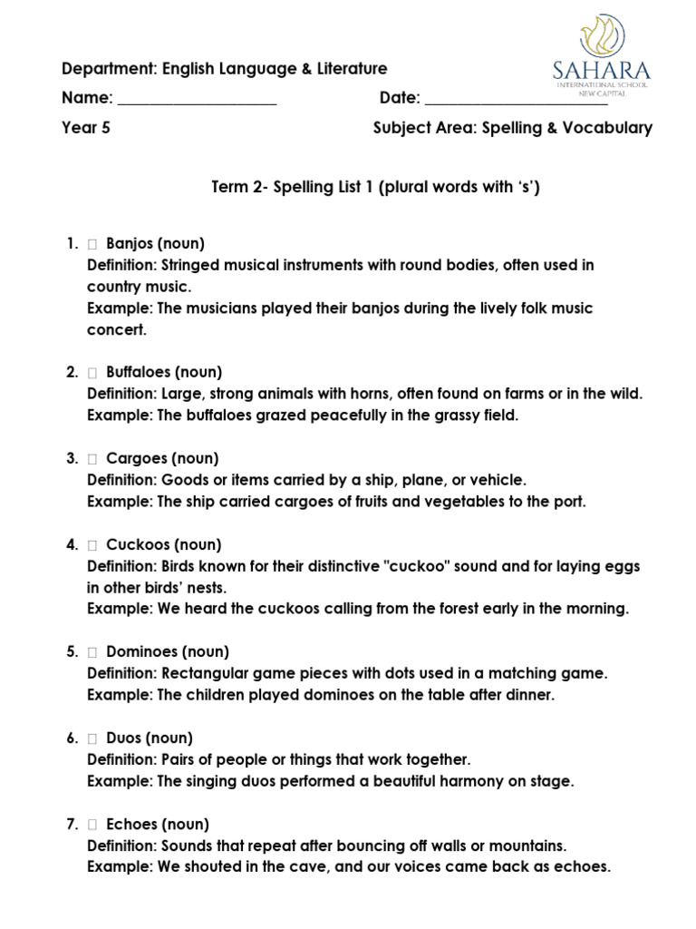 Year 5 Spelling List: Plural Words | PDF