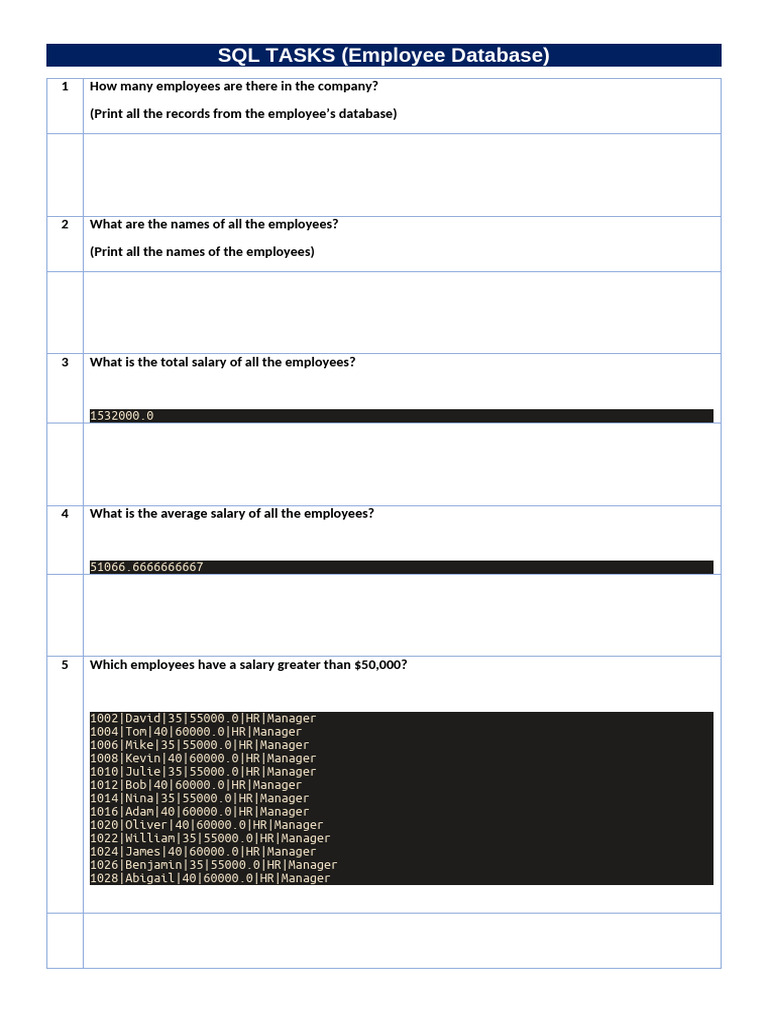 Sanjar Xolmirzayev - SQL Practice Worksheet (Employee Database) | PDF | Salary | Databases