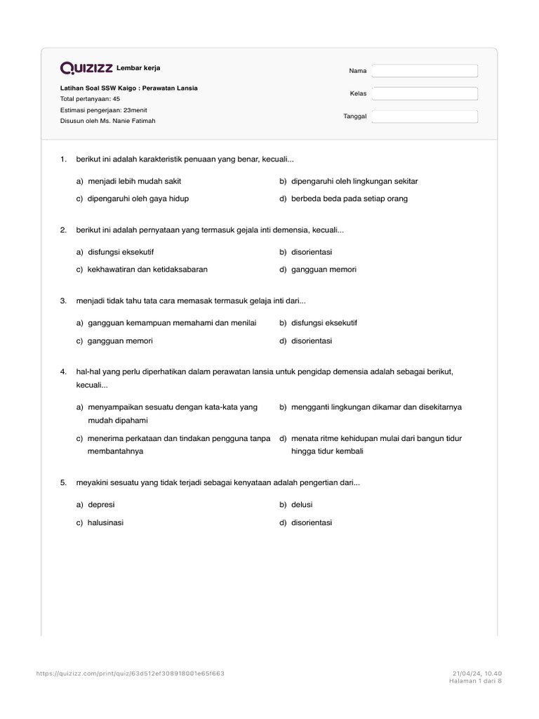 Latihan Soal SSW Kaigo - Perawatan Lansia | Quizizz | PDF
