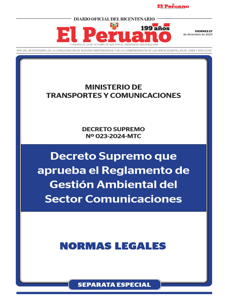 Decreto Supremo Que Aprueba El Reglamento de Gestión Ambiental Del Sector Comunicaciones | PDF ...