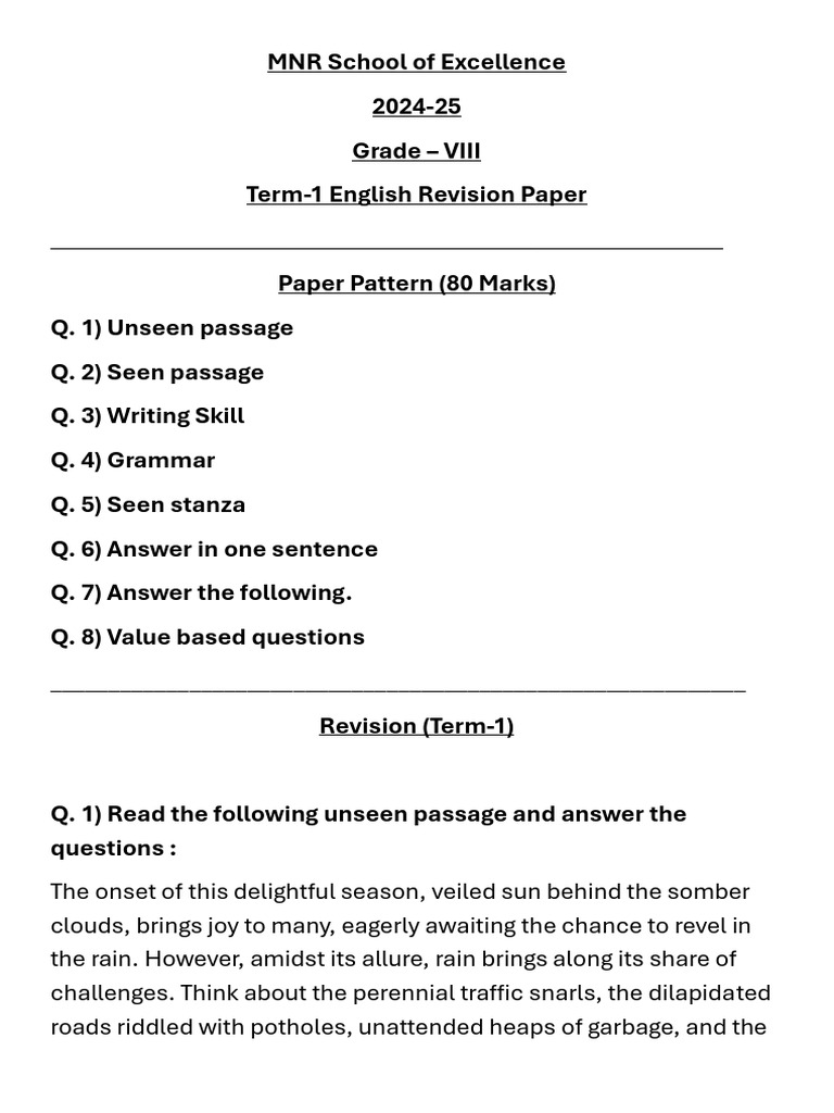 VIII English Revision Paper Term-1 2024-25 | PDF | Hand Washing ...