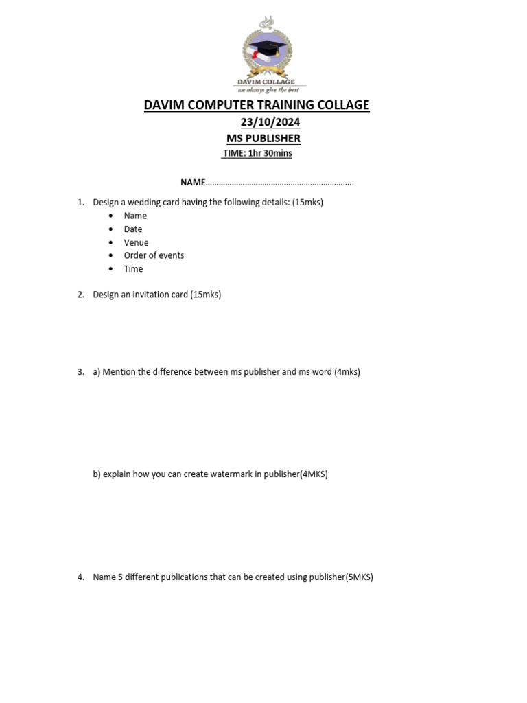 MS Publisher Exam: Wedding & Invitation Cards | PDF