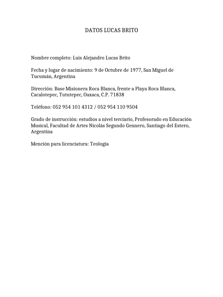Datos Lucas Brito | PDF