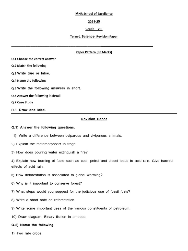 VIII Science Revision Paper Term-1 2024-25 | PDF