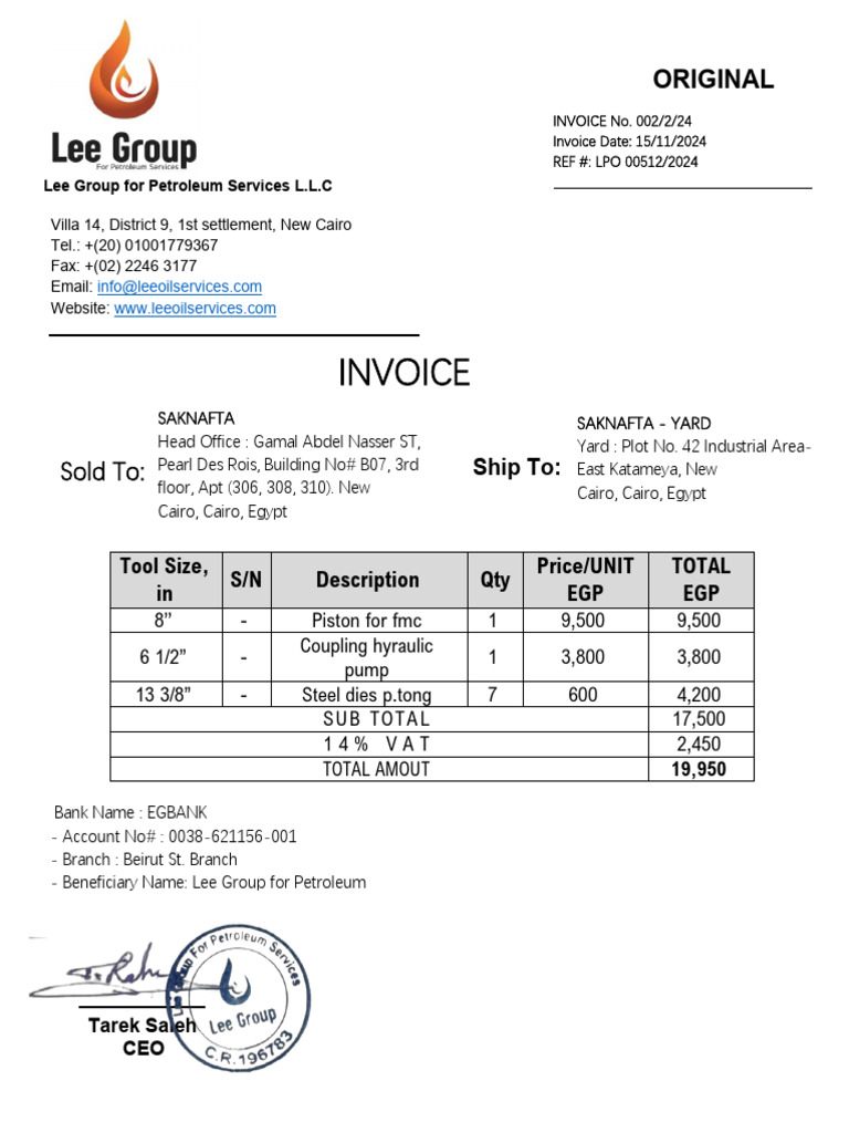 Invoice for Lee Group Petroleum Services | PDF